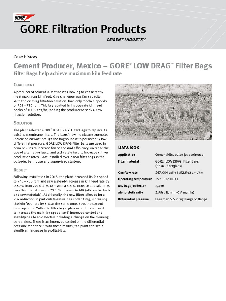 GORE LOW DRAG Filter Bags - Case History - Cement - Mexico | PDF ...