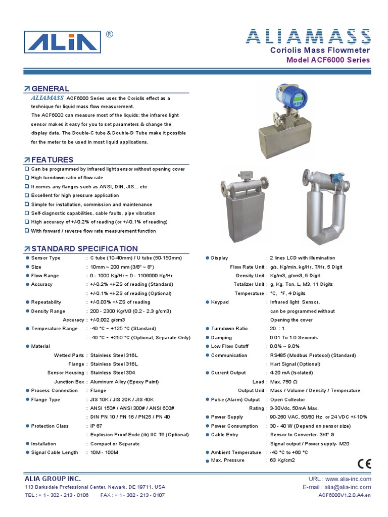 ALia ACF6000 Coriolis Mass Flowmeter | PDF | Flow Measurement | Density