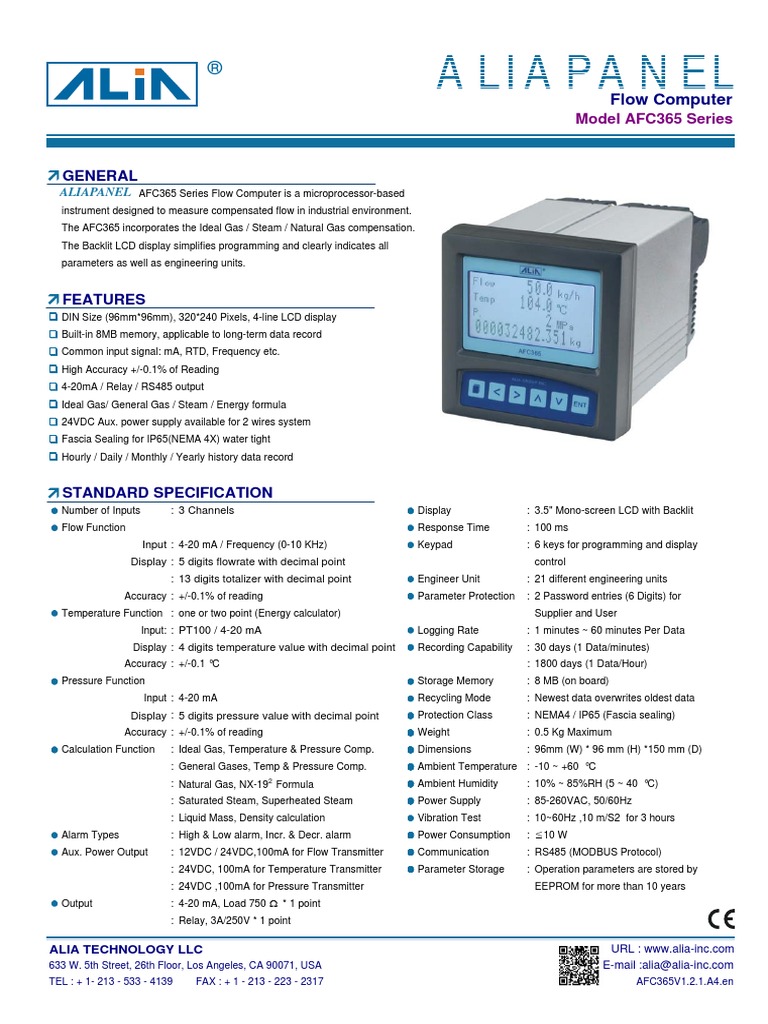 Alia AFC365 Flow Computer | PDF | Gases | Flow Measurement