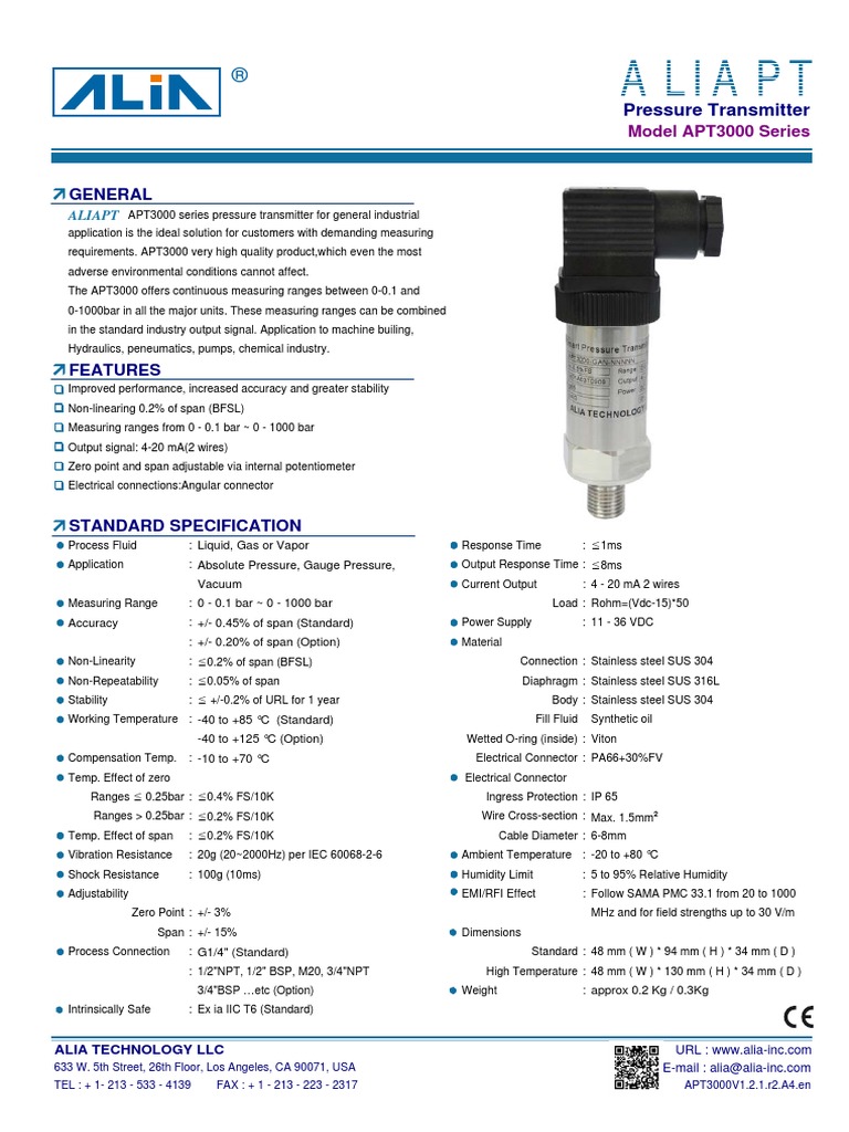Alia APT3000 Pressure Transmitter | PDF | Pressure Measurement ...