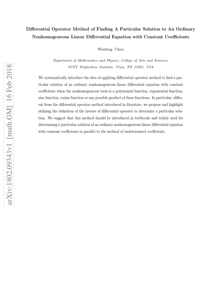 Differential Operator Method of Finding A Particular Solution To An ...