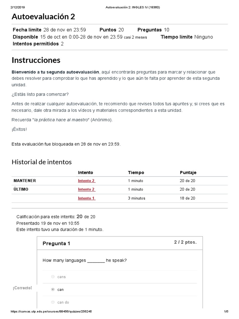 Autoevaluación Inglés IV: Resultados y Preguntas | PDF