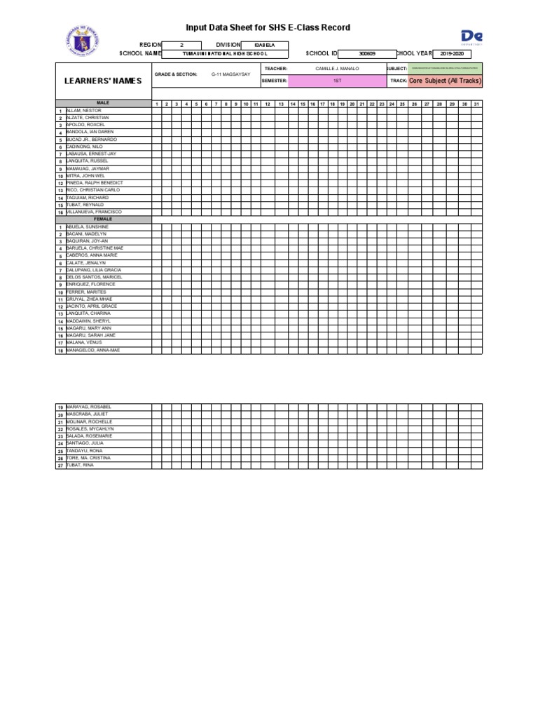Learners' Names: Input Data Sheet For SHS E-Class Record | PDF