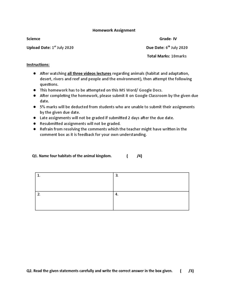 Homework Assignment Science Grade-IV Upload Date: 1 Due Date: 6 | PDF ...