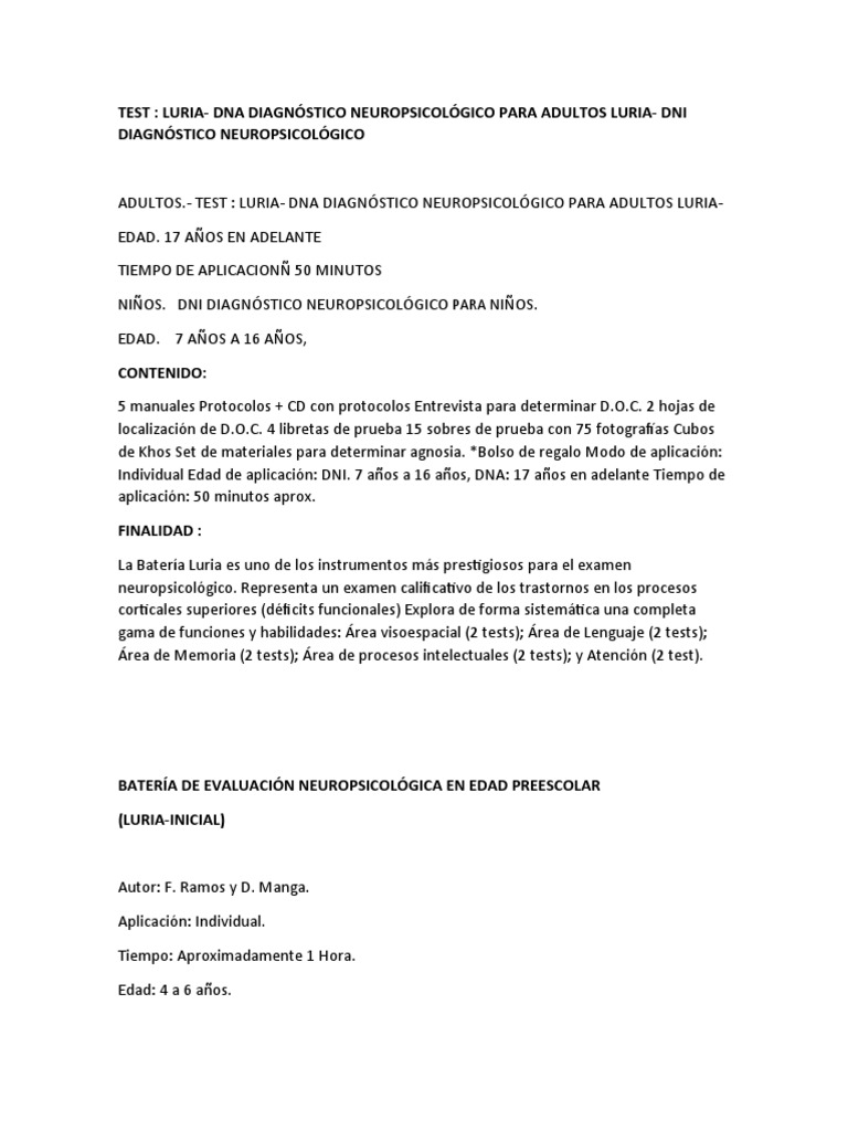 Test Luria: Evaluación Neuropsicológica | PDF | Sistema nervioso ...