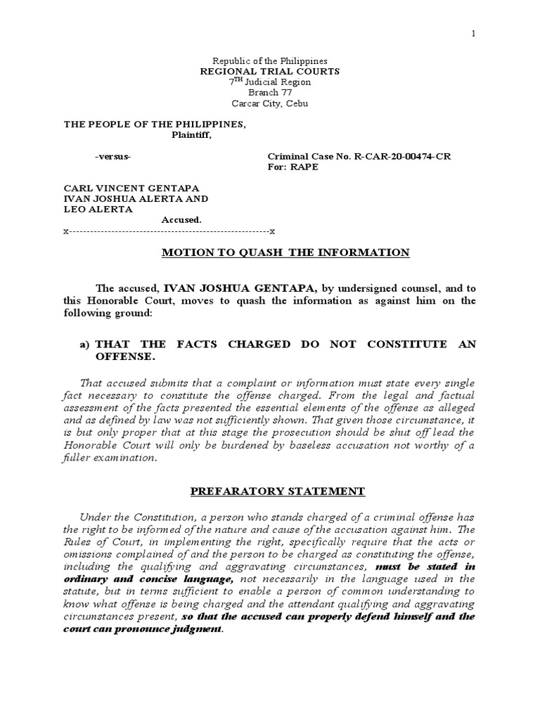 Motion To Quash - CARCAR | PDF | Rape | Prosecutor