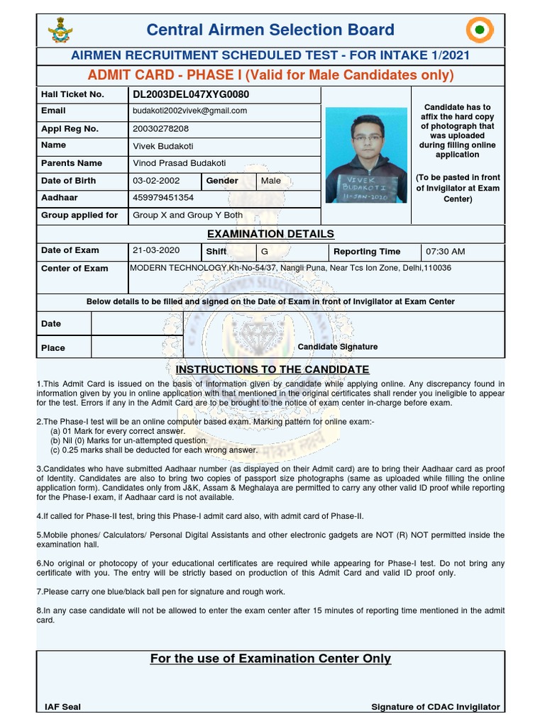 Central Airmen Selection Board: ADMIT CARD - PHASE I (Valid For Male ...