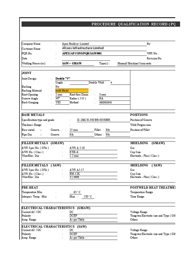 Afcons Infrastructure Limited: Procedure Qualification Record (PQR) | PDF | Welding | Construction