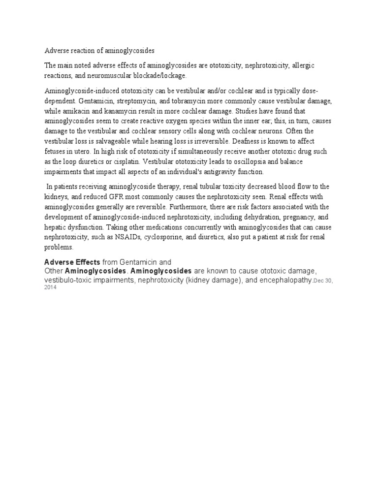 Adverse Effects From Gentamicin and | PDF | Science & Mathematics