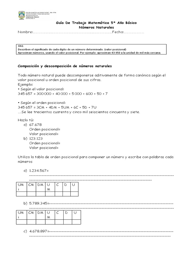 5° Año - Matemática - GUIA #1 - Valor Posicional | PDF | Notación ...