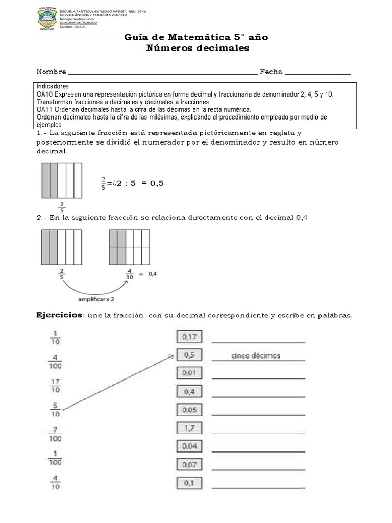 5° Año - Matemática - GUIA #5 - Decimales | PDF | Decimal | Fracción ...