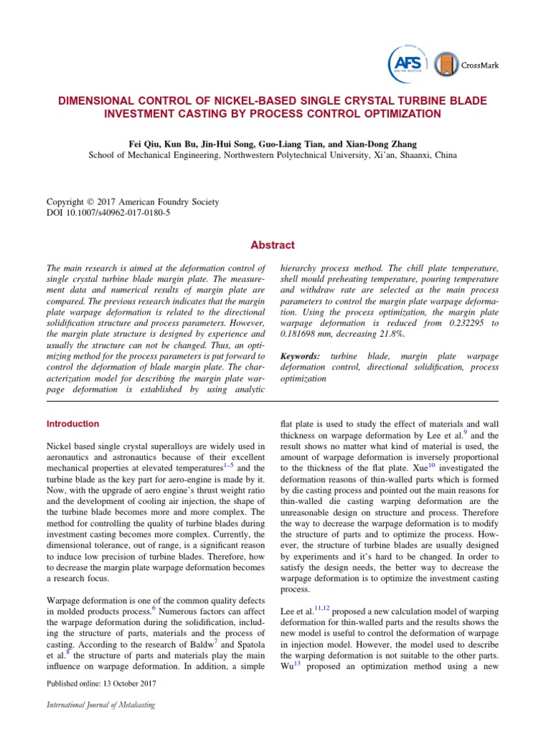 Dimensional Control of Nickel-Based Single Crystal Turbine Blade ...