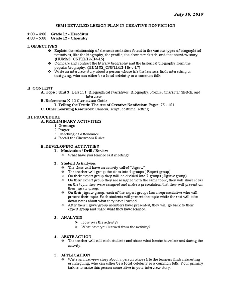 Biographical Narratives Lesson Plan | PDF | Biography | Lesson Plan