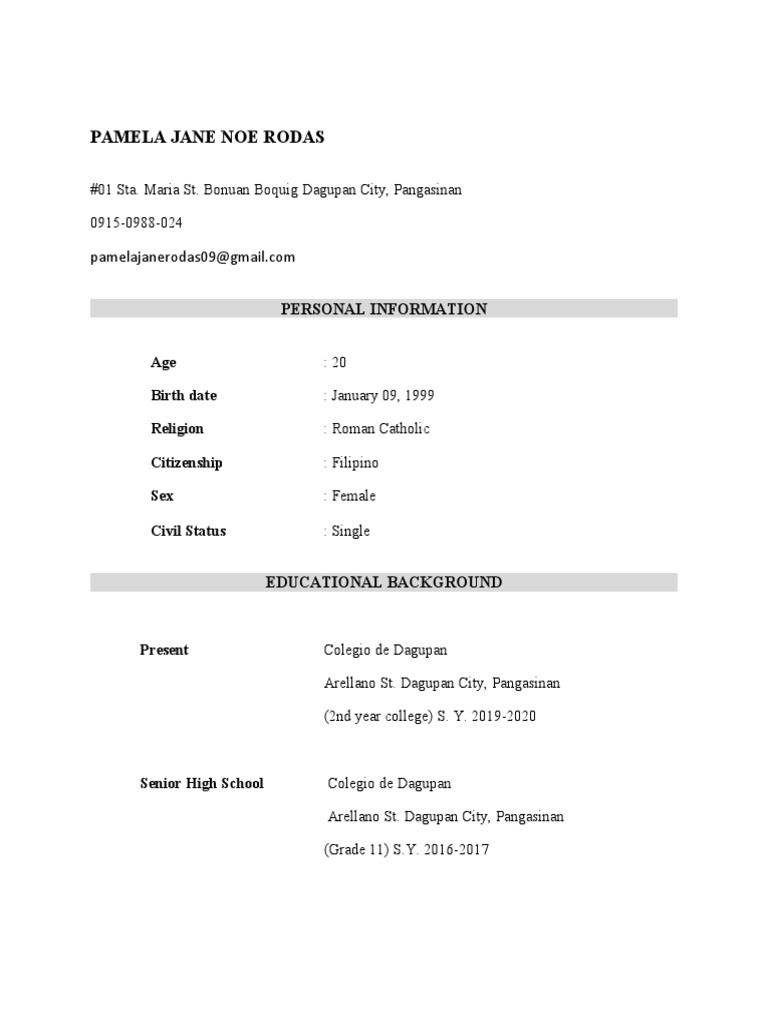 Pamela Jane Noe Rodas: Personal Information | PDF