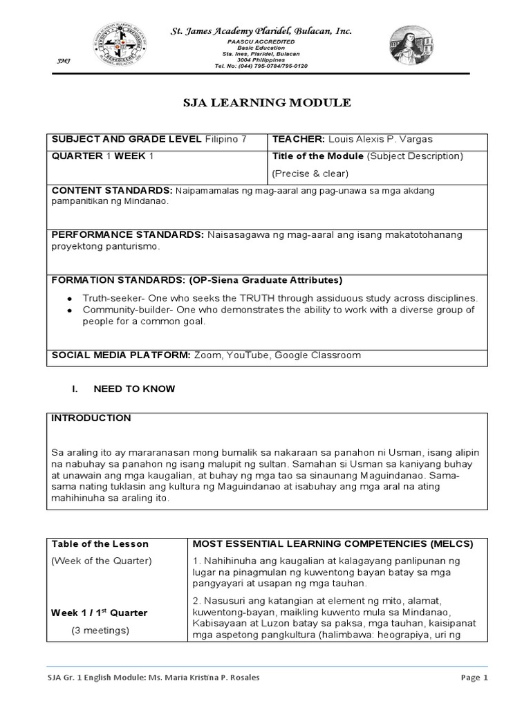 Grade 7 Filipino Module First Quarter | PDF
