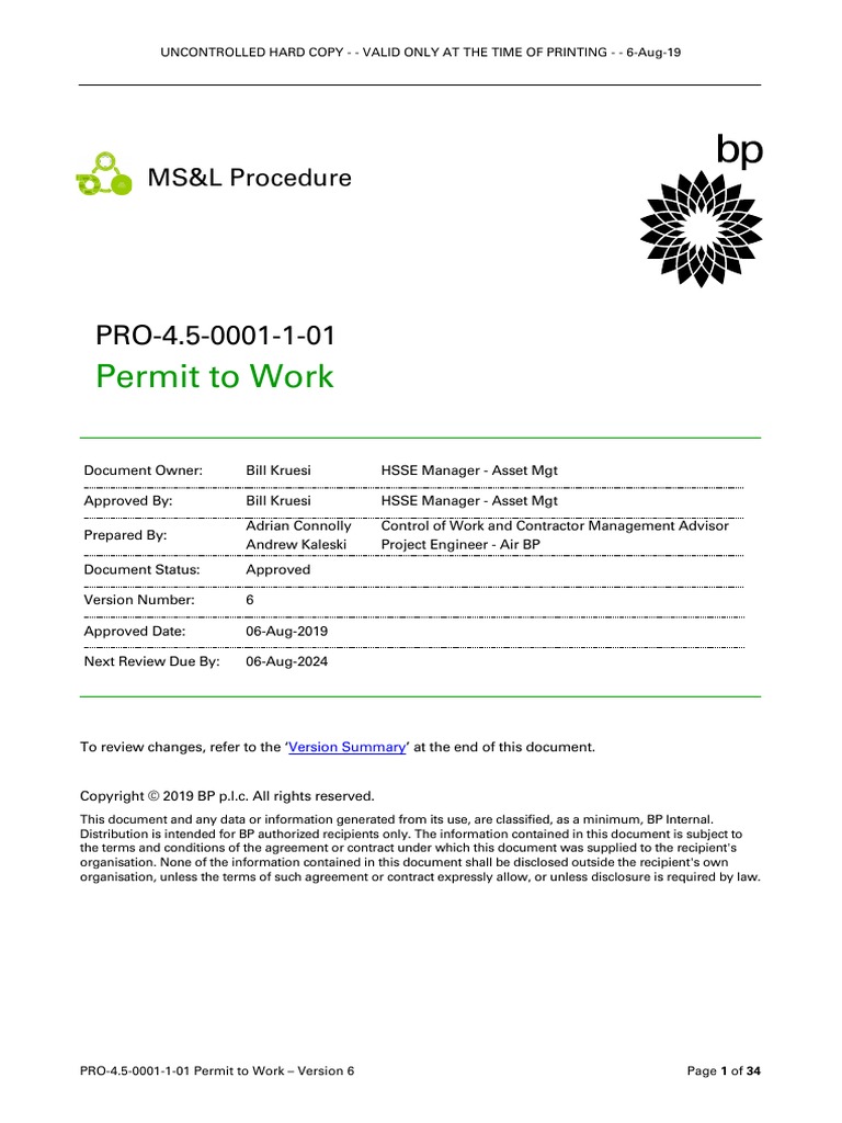 BP Permit-To-Work | PDF | Risk Assessment | Occupational Safety And Health
