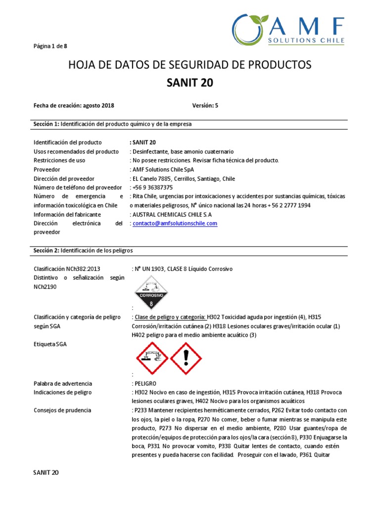 SANIT 20 Hoja de Seguridad | PDF | Agua | Vómitos