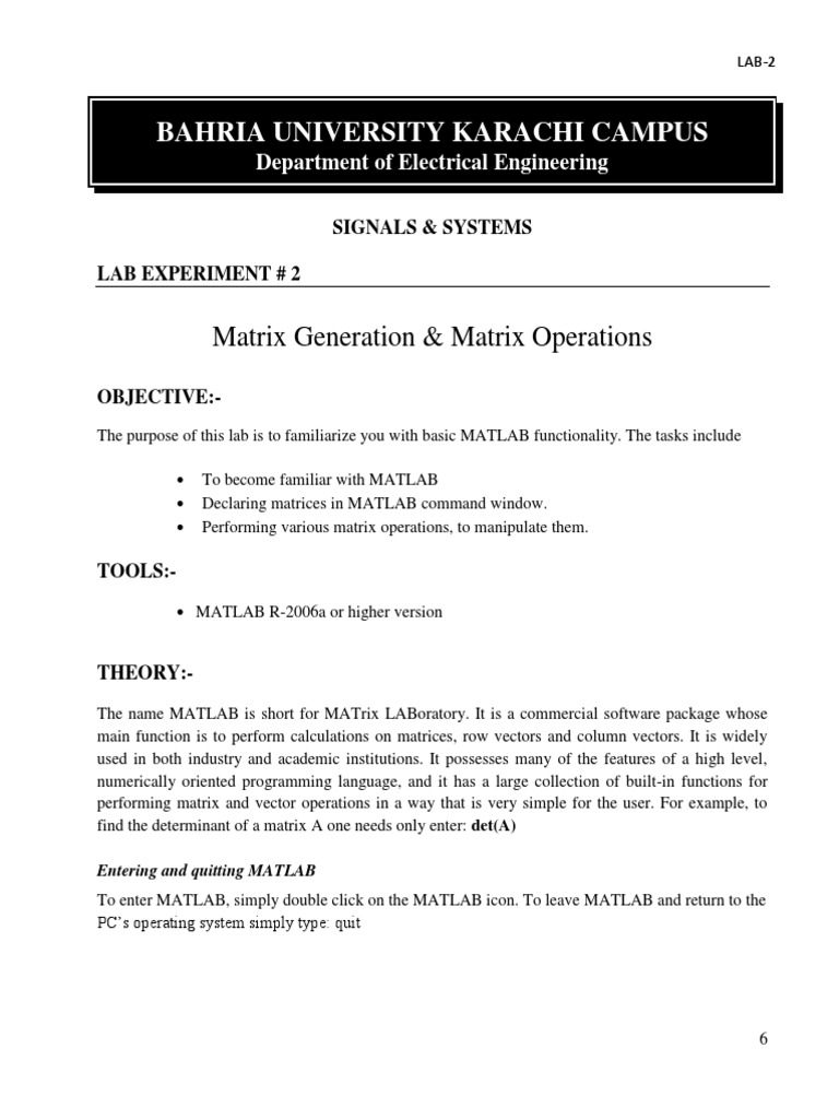 Bahria University Karachi Campus: Matrix Generation & Matrix Operations ...