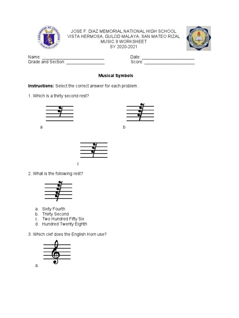 Music Symbols Worksheet for Students | PDF
