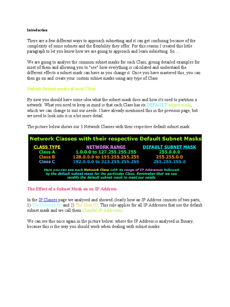 Default Subnet Masks of Each Class | PDF | Ip Address | Computer ...