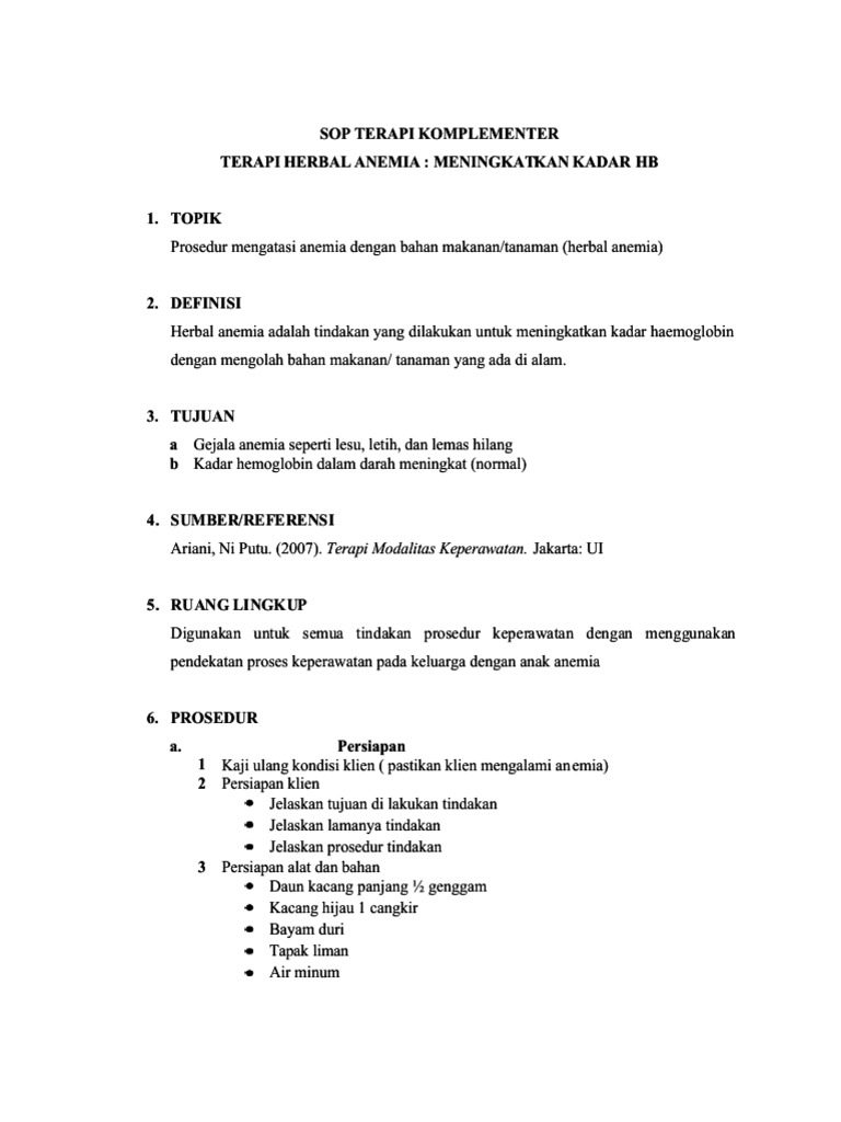 Sop Terapi Komplementer Terapi Herbal Anemia | PDF