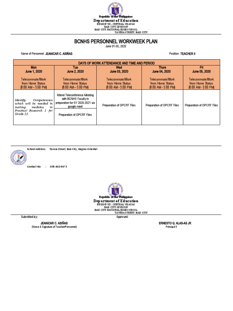 ASIÑAS Work Week Plan | PDF | Pedagogy | Cognition