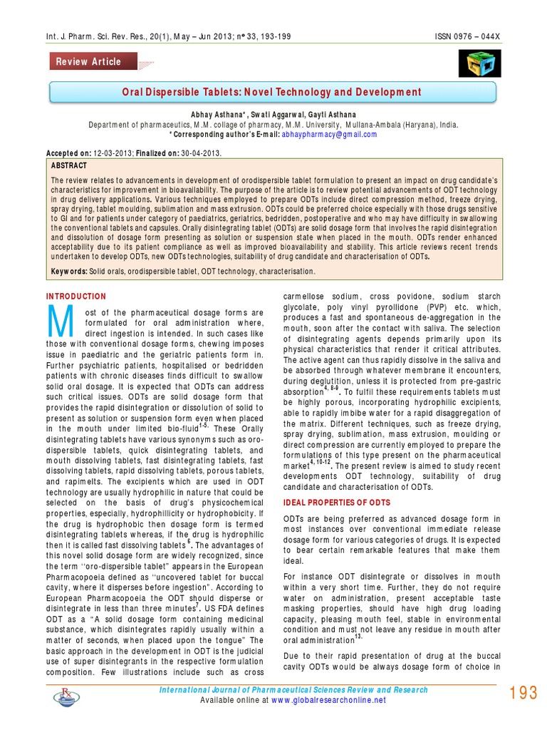 Oral Dispersible Tablets Novel Technology and Development PDF | PDF ...