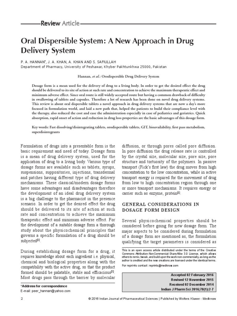 Oral Dispersible System A New Approach in Drug Del PDF | PDF | Tablet ...