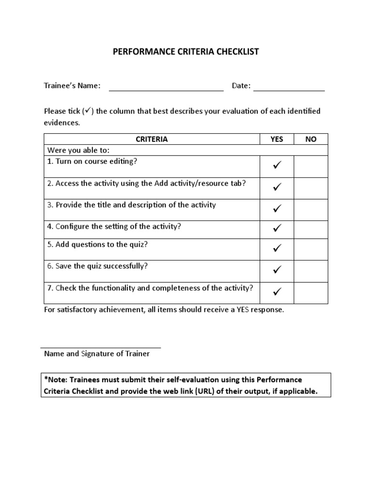 Performance Criteria Checklist | PDF