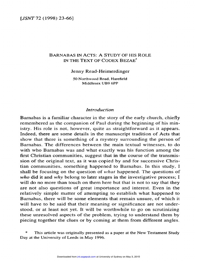 Jenny Read-Heimerdinger, "Barnabas in Acts: A Study of His Role in The ...