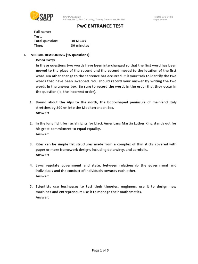 SAPP - PWC ENTRANCE TEST PDF | PDF | Acid | Nature