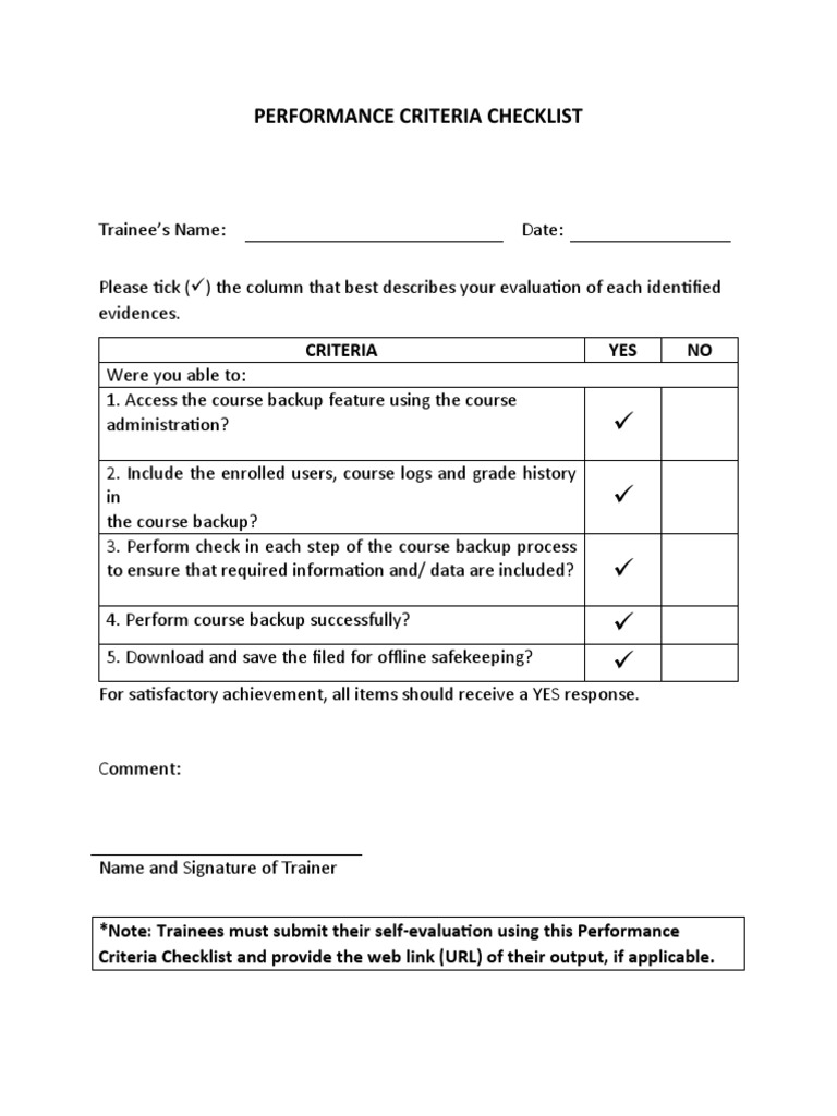 Course Backup Performance Checklist | PDF