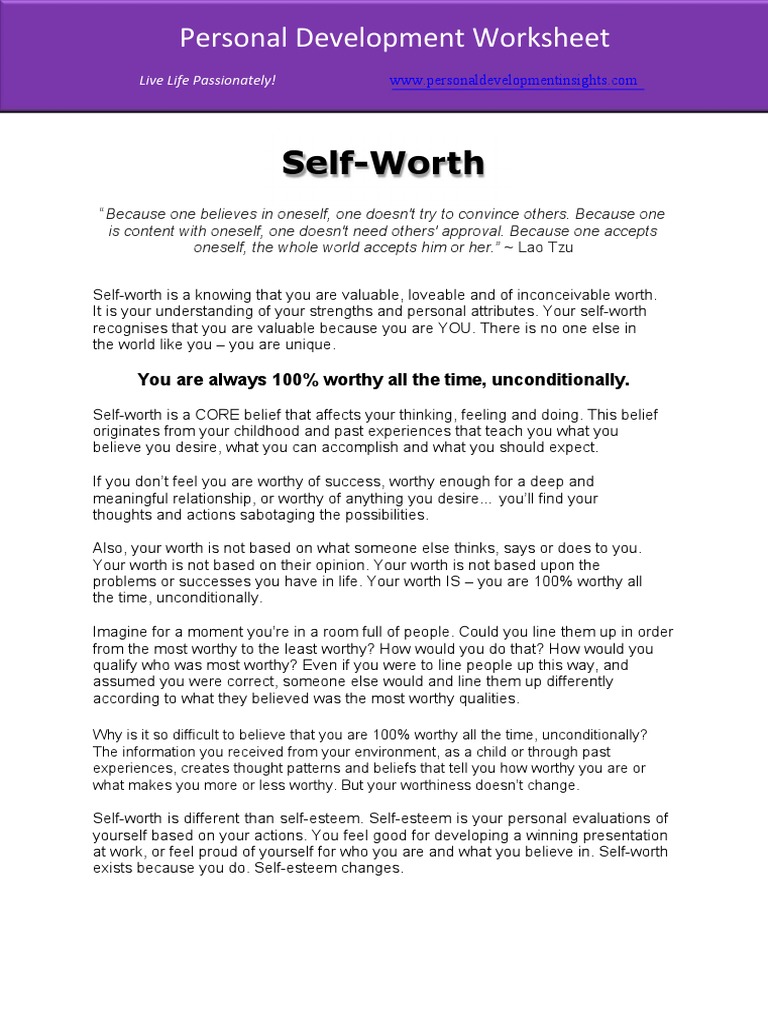 Personal Development Worksheet Self Worth | PDF | Self Esteem | Action ...