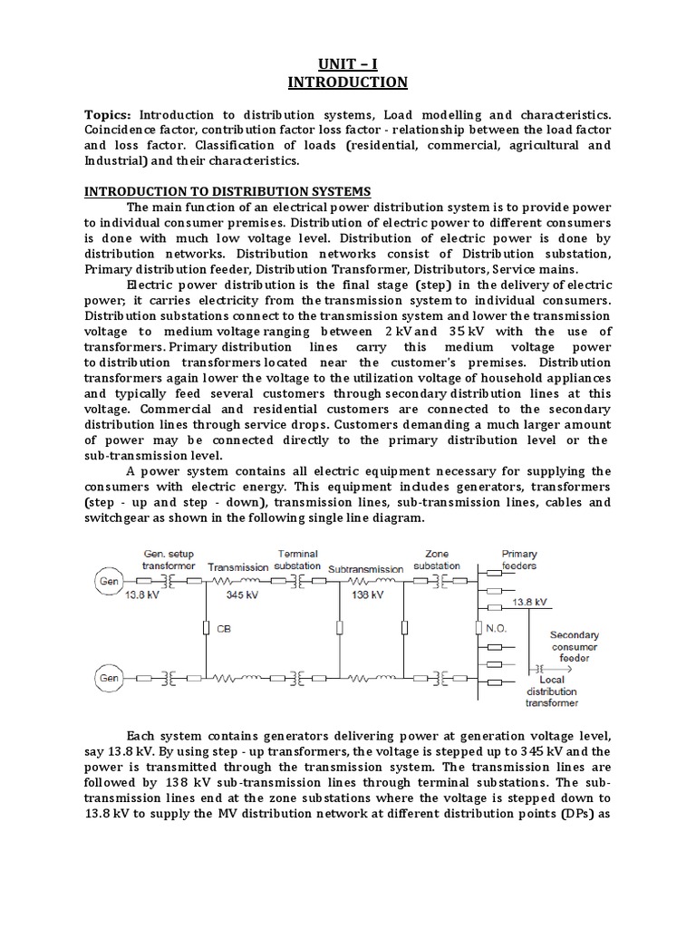 Unit - I: Topics: Introduction To Distribution Systems, Load Modelling ...