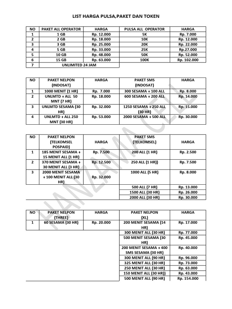 List Harga Pulsa, Paket Dan Token | PDF | Mobile Technology ...
