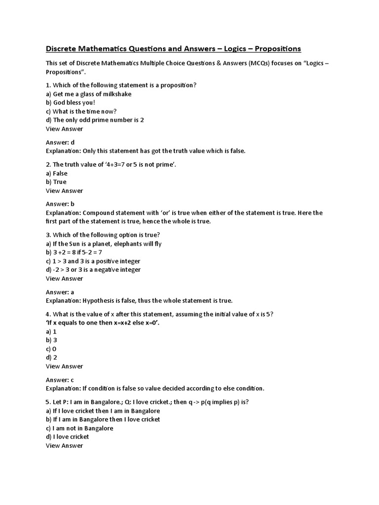 Discrete Mathematics Questions and Answers | PDF | Mathematical Proof ...