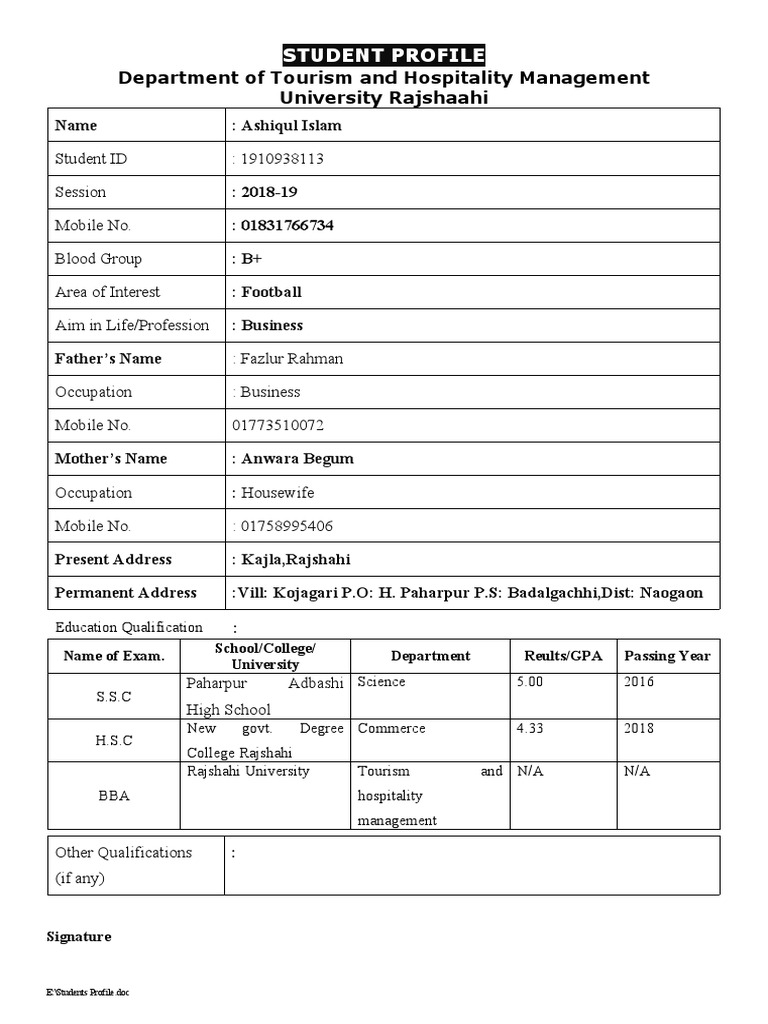Student Profile for Ashiqul Islam Pursuing a BBA in Tourism and Hospitality Management at ...