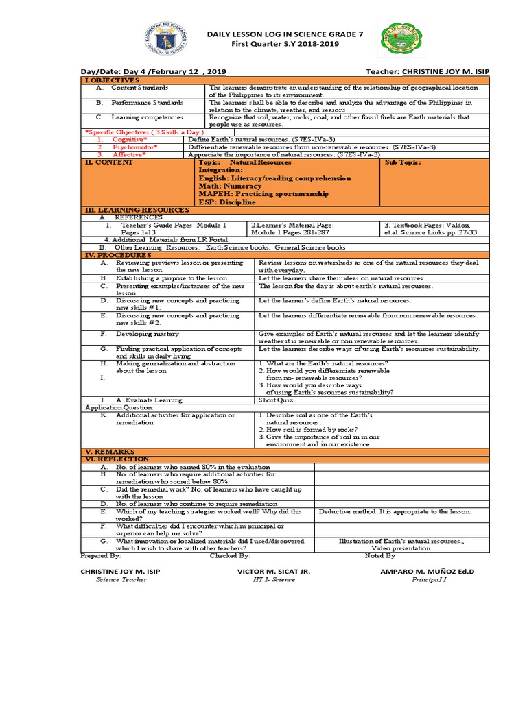 Daily Lesson Log in Science Grade 7 First Quarter S.Y 2018-2019 | PDF ...