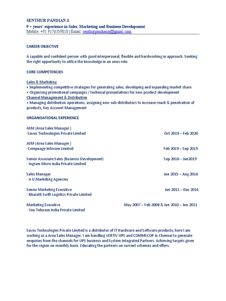 Senthur Pandian.S 9 + Years' Experience in Sales, Marketing and ...