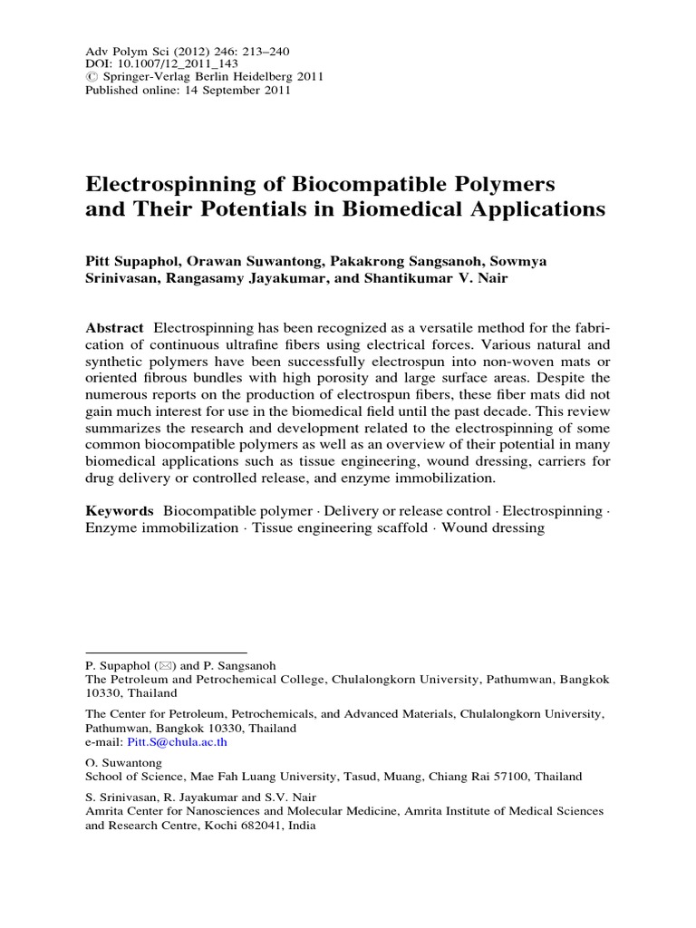 Electrospinning of Biocompatible Polymers and Their Potentials in Biomedical Applications | PDF ...
