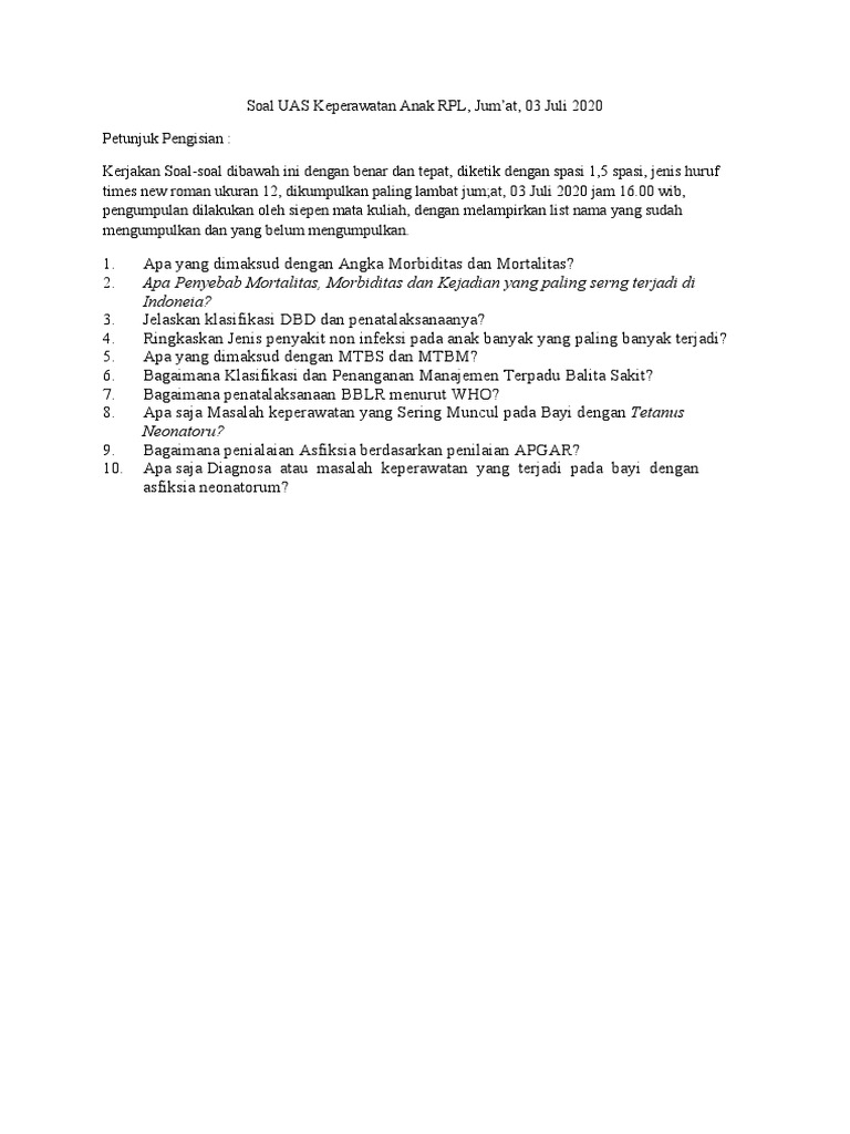 Soal UAS Keperawatan Anak RPL | PDF
