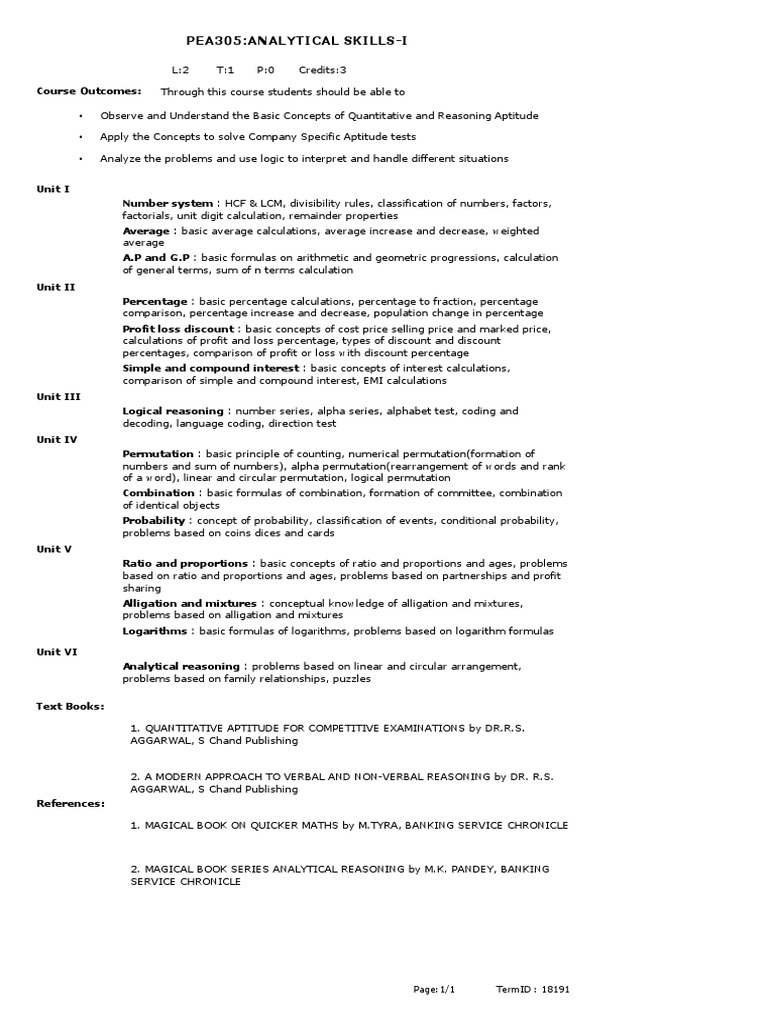 Pea305:Analytical Skills-I: Page:1/1 Termid: 18191 | PDF | Percentage ...