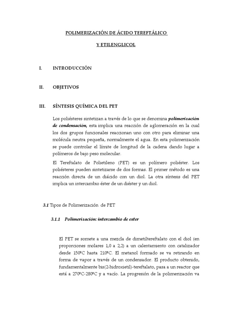Síntesis Química Del PET1 | PDF | Polímeros | El plastico