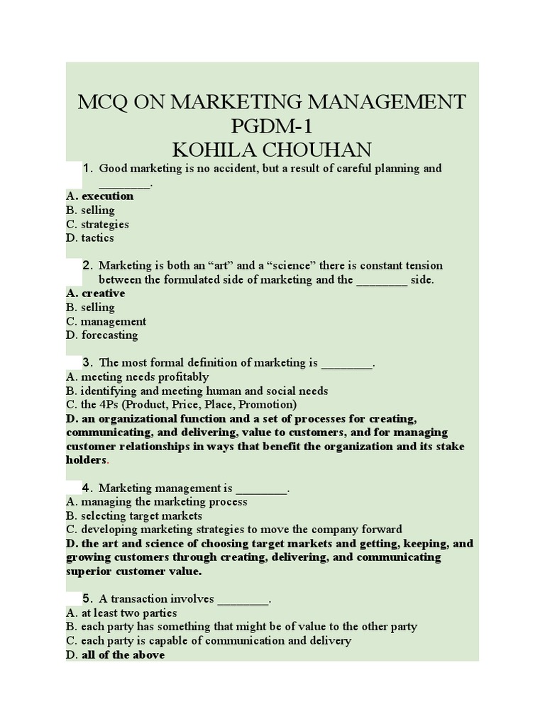 Marketing Management MCQ | PDF | Sales | Marketing