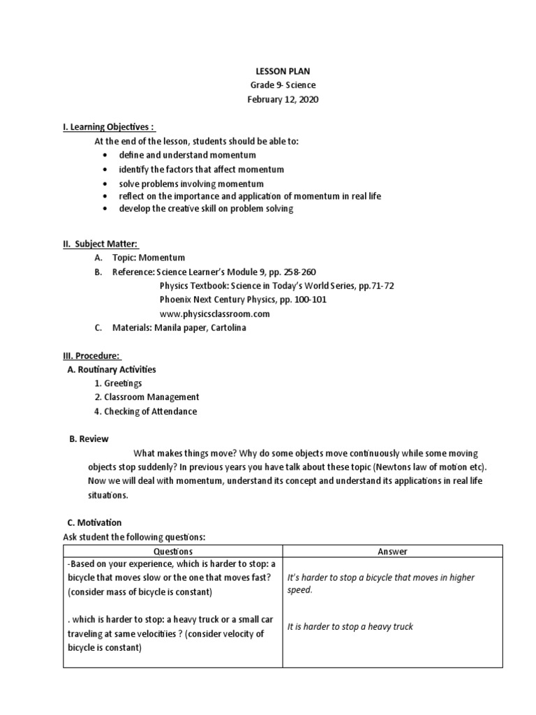 Lesson Plan: It's Harder To Stop A Bicycle That Moves in Higher Speed ...