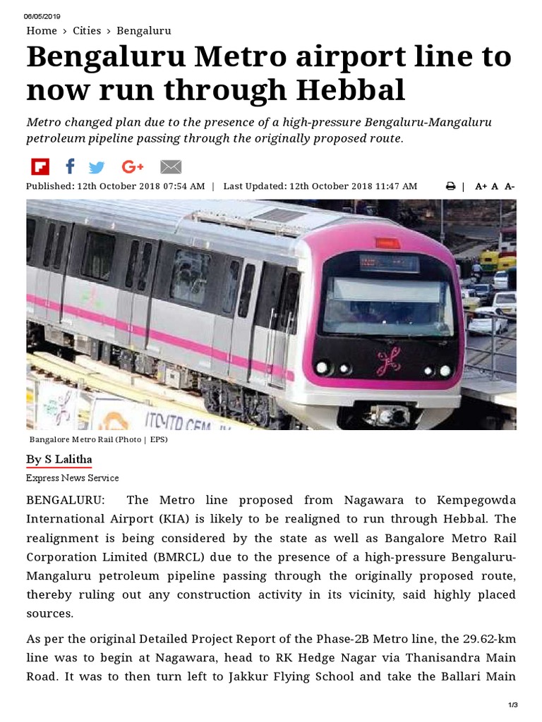 Bengaluru Metro Airport Line To Now Run Through Hebbal | Download Free ...