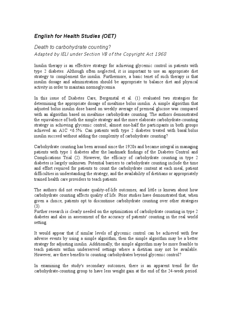 Multiple Reading Insulin and Carbohydrates | PDF | Diabetes Management ...