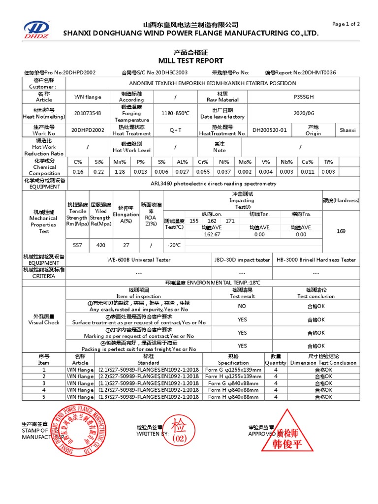 20DHPD2002-P355GH Mill Test Report | PDF