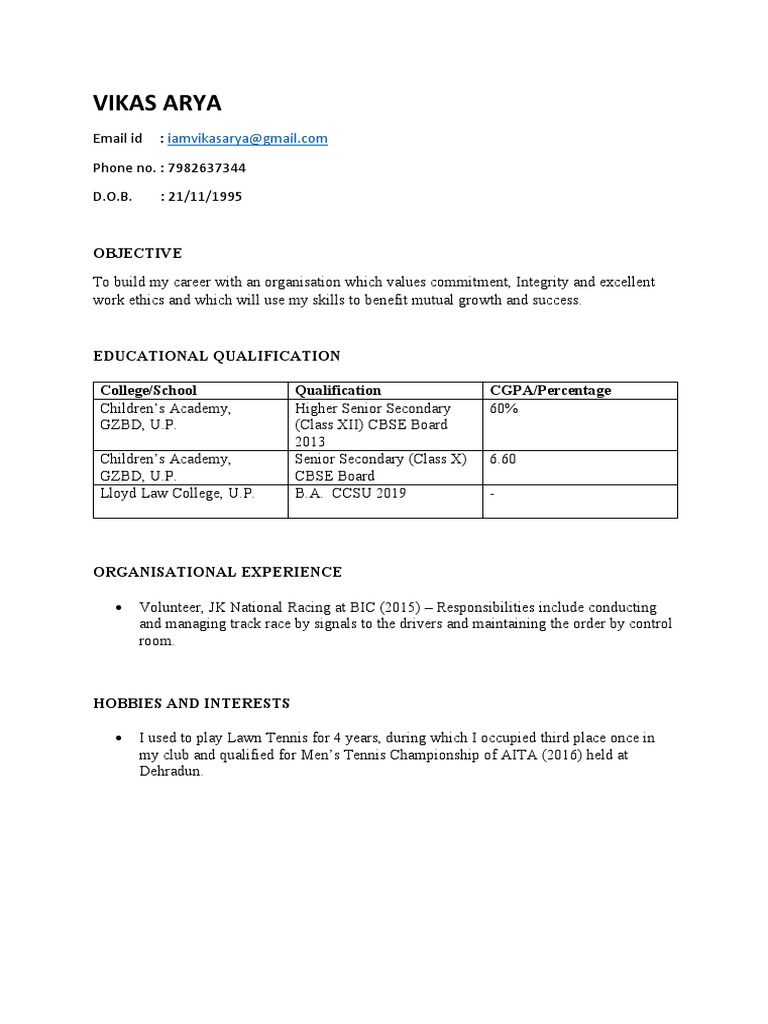 Vikas Arya's Resume: Education & Experience | PDF
