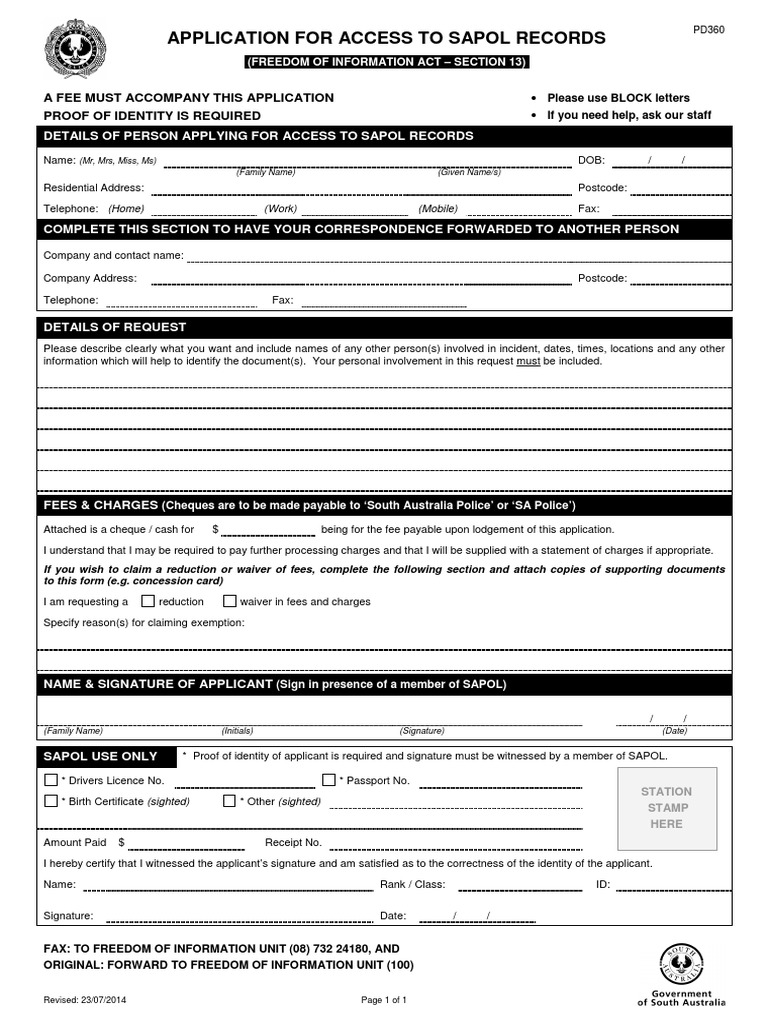 PD360 Application For Access To SAPOL Records | PDF | Identity Document ...